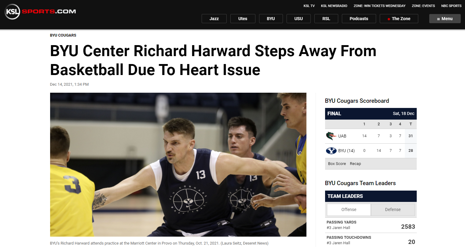 BYU-Center Richard Harward zieht sich wegen eines Herzproblems vom ...